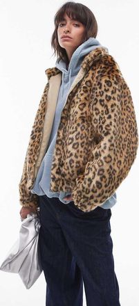 Topshop Bomber zippé en fausse fourrure à imprimé léopard - Multicolore