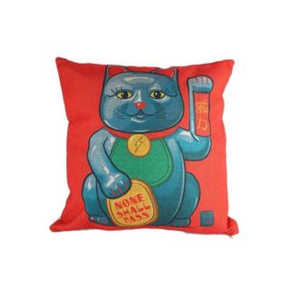 La Chineuse Lachineuse - Asiatischer Kissenbezug - Maneki Neko Katze - Japanischer Gl&uuml;cksbringer - Dekoartikel aus Baumwolle und Leinen - Farben Orange und Blau -