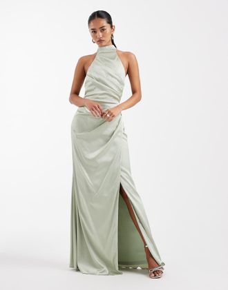 Tfnc Bridesmaid - Maxikleid aus Satin in Salbeigr&uuml;n mit Neckholder und Zierfalten