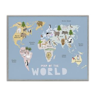 Stupell Industries Kinderkarte der Welt, Giclée-Kunst, gerahmt, Design von Carla Daly, 28,9 x 35,6 cm, Blau/Grau