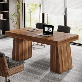 Tribesigns 140 cm Schreibtisch, Moderner Home-Office-Schreibtisch mit Doppeltem Trapezfuß, Holz-Computertisch, Business-Arbeitsplatz, Kleiner Konferenztisch, Bra