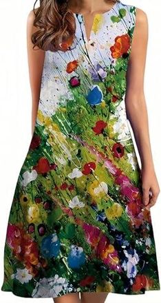 Ocean Plus Robe Midi sans Manches pour Femme avec Col en V Multicolore (XL, Peinture à lHuile de fleurons Multicolores)