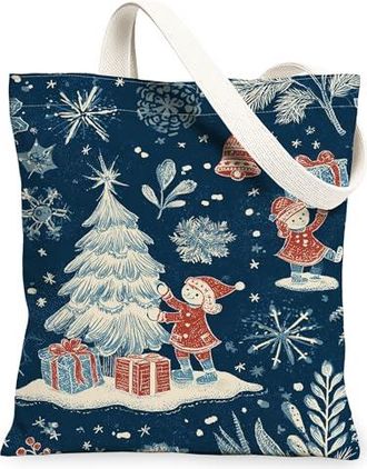 Generic Sacs fourre-tout dhiver en toile, motif flocons de neige festifs, r&eacute;utilisables, confortables, vintage, l&eacute;gers, lavables avec bandouli&egrave;re pour voyage,
