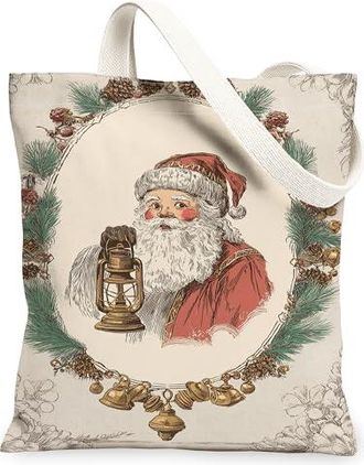 Generic Sacs fourre-tout vintage en toile avec motif lanterne de vacances, sacs de courses r&eacute;utilisables, No&euml;l classique l&eacute;ger lavable, Beige, 13x15 Inch