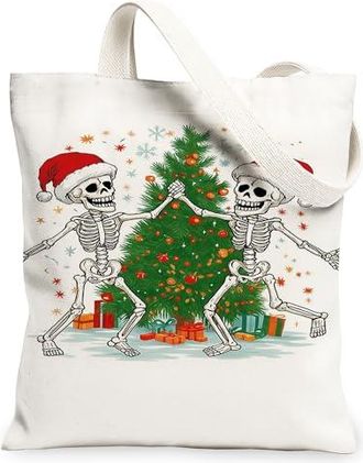Generic Sacs fourre-tout en toile motif squelette de No&euml;l, sacs d&eacute;picerie l&eacute;gers et lavables, style vintage r&eacute;utilisable, blanc, 13x15 Inch
