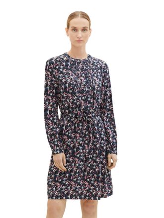 Tom Tailor Damen Kleid aus Viskose mit Bindeg&uuml;rtel, blue small texture design, 40