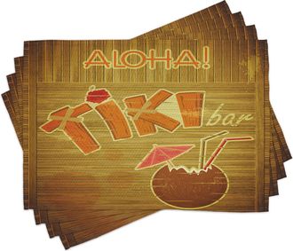Abakuhaus Tiki Bar Platzmatten, Holz Plank Aloha, Waschbare Stoff Esszimmer Küche Tischdekorations Digitaldruck, Orange Pink