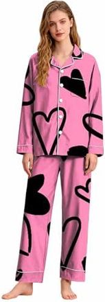 Generic Pyjama de Saint-Valentin pour femme - Tenue de Saint-Valentin avec noeud, motif coeurs et boutons - Pyjama doux 2 pi&egrave;ces - Legging de sport 3/4 pour f