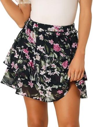 Allegra K Mini-Jupe Florale Patineuse trapèze à Ourlet à Volants superposés pour Femmes Noir Rose XL