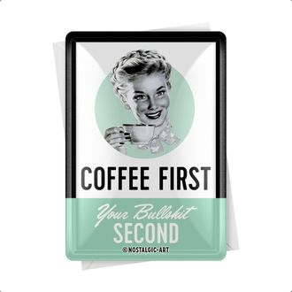 Nostalgic Art Retro Blechpostkarte, 10 x 14 cm, Coffee First - Geschenk-Idee für Kaffee-Fans, Postkarte aus Metall, Mini-Blechschild als Grußkarte, Kaffee-Deko