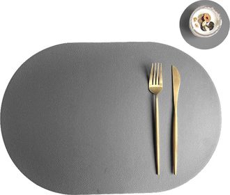 Railonch Oval Tischsets Abwischbar, Leder Kunstleder Platzset Zweifarbig Wasserdicht Platzdecken mit Untersetzer &uuml;r Hause K&uuml;che Restaurant (Dunkelgrau/Beige,4 