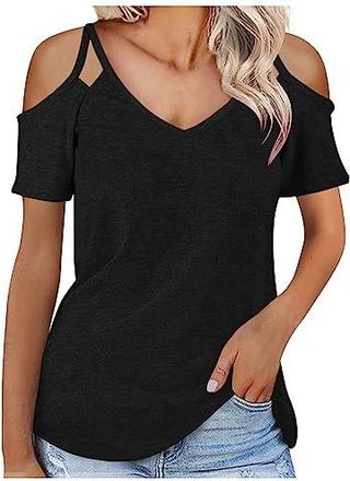 Generic Haut uni à manches courtes pour femme - Facile à porter - T-shirt dété sans bretelles - Haut tendance - Couleur unie - Décontracté à manches courtes -