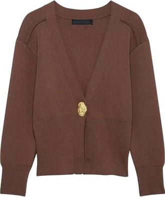 Generic Cardigan tricot&eacute; d&eacute;contract&eacute; &agrave; manches longues et col en V pour femme, marron clair, Taille XS