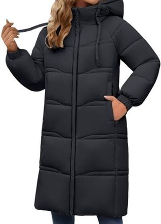 Generic Long manteau bouffant pour femme - Veste dhiver rembourrée imperméable à capuche - Fermeture éclair ample - Parka matelassée pour femme - Manteau isol