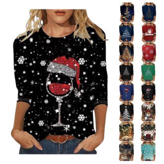 Generic Weihnachtsshirt Damen 3/4 &Auml;rmel &Uuml;bergr&ouml;&szlig;e T-Shirts Winter Elegant Weihnachtspulli Baumwolle Weihnachts Pullover Lustig Weihnachtskleidung Ugly Christm