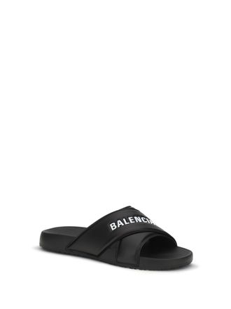 Balenciaga Mens Cross-Logo Slides Black-White Rubber Sandal Black/white