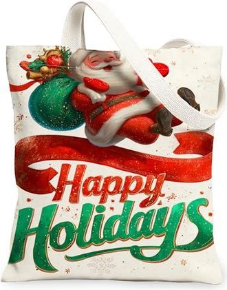 Generic Sacs fourre-tout en toile avec motif P&egrave;re No&euml;l, sacs &agrave; provisions r&eacute;utilisables, vintage, l&eacute;gers, lavables, blanc, 13x15 Inch