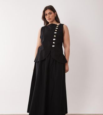 Asos Curve ASOS DESIGN Curve - Westen-Maxikleid in schwarzer Leinenoptik mit Rock aus Popeline