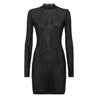 Philipp Plein T&uuml;ll Mini-Kleid mit langen &Auml;rmeln Monogram Strass - - Dresses - Damen - Schwarzk - M
