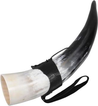 Pretyzoom Corne à Boire Viking Authentique de 300-380ml avec Support de Table, Gobelet Médiéval en Véritable Corne de Boeuf pour Hydromel et Bière - Idée Cadeau