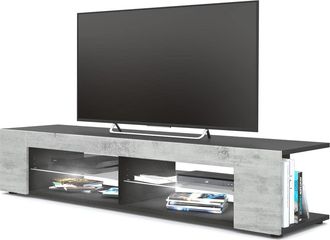 Vladon Lowboard Movie, TV-Kommode mit 4 offenen Fächern und Zierleisten, Schwarz matt/Beton Oxid-Optik, inkl. LED-Beleuchtung weiß (134 x 29 x 39 cm)