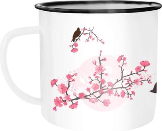 Autiga Emaille Tasse Kirschbl&uuml;ten V&ouml;gel Vogel Blumen Bl&uuml;ten Flower Cherry Tree Birds Kaffee-Tasse wei&szlig;-schwarz 300 ml Metall