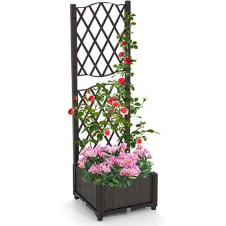 Costway Costway - Jardini&egrave;re avec Treillis sur Pied, Bac &agrave; Fleur Auto-arrosage en Rotin pp avec Trou de Drainage, Lit de Jardin pour Plantes Grimpantes