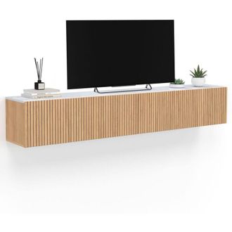 IDMarket Meuble TV 180 cm suspendu JULIETTE plateau effet marbre lattes tasseau bois coloris ch&ecirc;ne