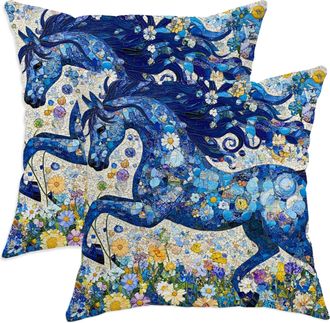 Generic Blaues magisches Pferd, dekorative Kissenbezüge, Blumenmosaik-Muster, künstlerische Heimdekoration für Frühling und Sommer, Schlafsofa, 50,8 x 50,8 cm