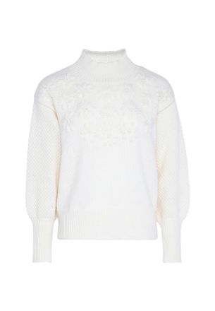 Mymo Pullover mit Blumenstick Damen Wollwei&szlig;