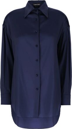Tom Ford Femme, Blouses et Chemises, Bleu, Taille: 36 FR Stretch Silk Satin Relaxed Fit Shirt