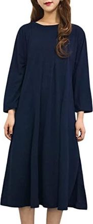 Generic Robes maxi pour femmes 2025 - Robe décontractée unie à col rond et manches longues - Robe trapèze mi-mollet pour femme, bleu marine, XL