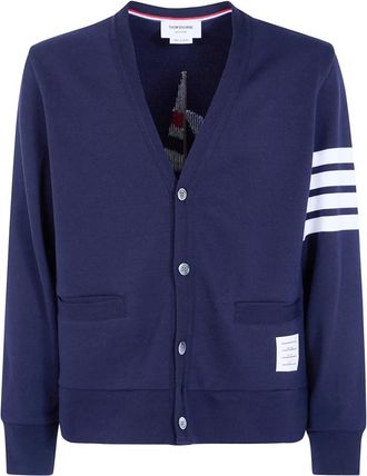 Thom Browne Homme, Pulls, Bleu, Taille: L Cardigan &agrave; broderie bateau 4-Bar en bouclette