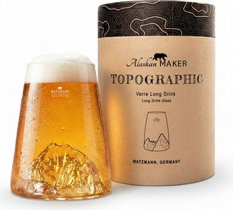 Alaskan Maker Langes Glas 450 ml - Hochwertiges Borosilikat handgeblasen mit erhabenen Bergen | Cocktail, Bier oder Softdrink TOPOGRAFISCH (Watzmann)