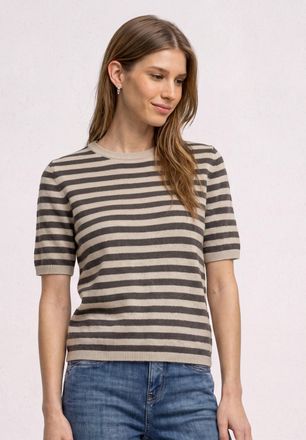 Street One Kurzarmpullover STREET ONE, Damen, Gr. 40, beige (clay sand meliert), Web, 37% Baumwolle, 34% Polyacryl, 26% Polyester, 3% Elasthan, gestreift, normal