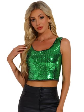 Allegra K Damen &Auml;rmellos Pailletten Top Party Oberteil Club Cami Bauchfrei Tank Top Bluse Schwarz Gr&uuml;n S