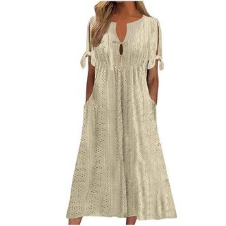 Generic Robe d&eacute;t&eacute; &agrave; manches courtes pour femme - Couleur unie - Tendance - D&eacute;contract&eacute;e - Col en V - Manches longues -, kaki, XXL