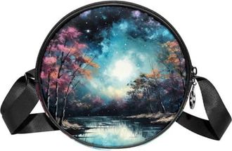 Generic Petit sac &agrave; bandouli&egrave;re Circle pour femme, sac &agrave; bandouli&egrave;re Moonlight Lake avec fermeture &eacute;clair, bretelles r&eacute;glables, sac &agrave; main rond d&eacute;contract&eacute; po