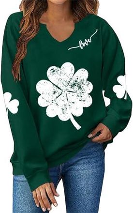 Generic Sweat-shirt tr&egrave;fle porte-bonheur pour femme - Chemise fantaisie - Grande taille - Col en V - Imprim&eacute; tr&egrave;fle irlandais - Tunique ample, Vert noir, XXL
