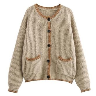 Generic Cardigan d&eacute;contract&eacute; &agrave; manches longues pour femme, coupe d&eacute;contract&eacute;e, col rond contrast&eacute;, boutonn&eacute;, avec poches, caf&eacute;, taille unique pour un usage qu
