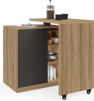 IDMarket Ilot rotatif POLO meuble de bar pivotant 2 en 1 imitation h&ecirc;tre porte noire
