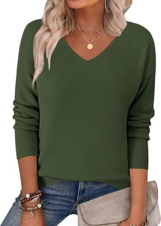 Zeagoo Pull élégant en Tricot à Manches Longues et col en V pour Femme - Pull dhiver - Hauts dautomne - Tailles S à XXL, Vert armée., XXL