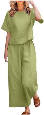 Generic Tenues deux pi&egrave;ces pour femme - Haut court &agrave; manches courtes avec pantalon large - Ensemble assorti pour l&eacute;t&eacute; - Essentiel pour les vacances, vert ment