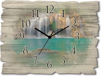 Artland Wanddeko Wanduhr ohne Tickgeräusche aus Holz Quarzuhr 40x30 cm Rechteckig Lautlos Wasserfall Landschaft Wald Natur Thailand Fluss S6CI