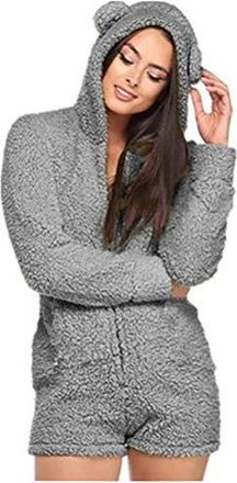 ORANDESIGNE Femmes Filles Hiver Printemps Combinaison Pyjama Chaud Corail Velours Polaire Vêtements de Nuit Sweat à Capuche Shorts Onesies Gris 42