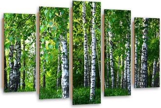 Feeby Dekobild 5 Paneele 200x100 cm B&auml;ume Natur Wald Wanddekoration Kunstdruck Zimmerdeko Bilderwand Gras Birken Pflanzen Gr&uuml;n