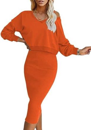 Onsoyours Femme Tricot&eacute;e Robe Set Haut Pull Pull Et Robe Bodycon 2 Pi&egrave;ces Sweat Manches Longues Robe Tricot Robe Pull Robe Midi Automne Hiver A Orange S
