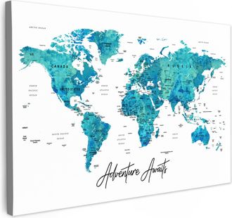 MuchoWow © Bild auf Leinwand Groß 120x80 cm XXL Schlafzimmer Bilder Badezimmer Wand Deko Wohnzimmer Modern Wanddeko Bilderwand Geschenk Weltkarte - Blau - Bunt