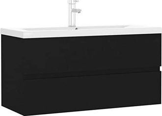 vidaXL Armoire dEvier avec Lavabo Int&eacute;gr&eacute; Meuble de Rangement Placard de Salle de Bain Armoire de Rangement Toilette Int&eacute;rieur Noir Agglom&eacute;r&eacute;