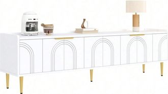 Generic Eleganter TV-Schrank mit Gold-Akzenten - Strukturierte Front, goldene Griffe & F&uuml;&szlig;e (170x35x47.5 cm) - Verleiht Ihrem Wohnzimmer modernen Glanz (White